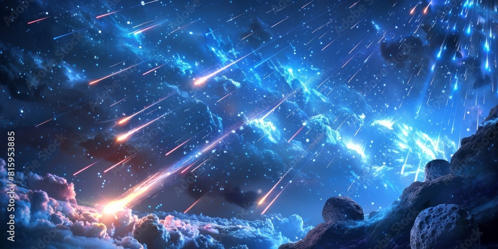 Realistic comets and asteroids, shooting space stars with trails in sky ...