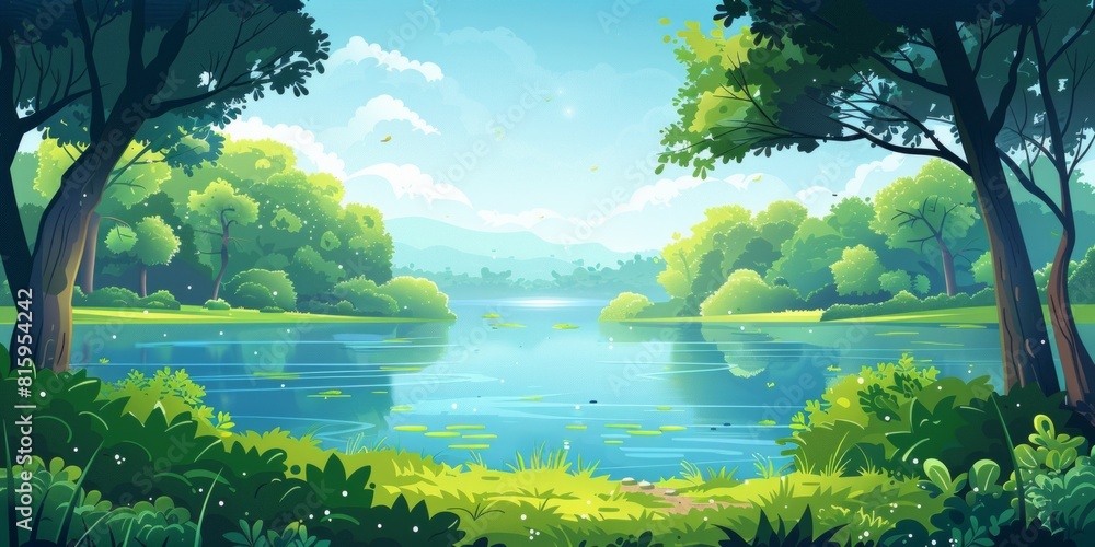 Cartoon summer forest landscape with lake. Little pond with blue clear ...