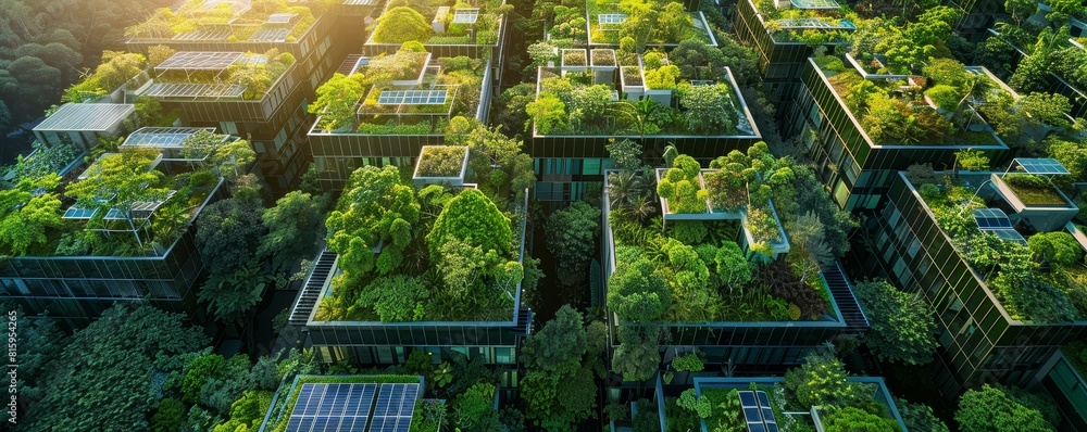 A net-zero building design incorporating solar panels, green roofs, and ...