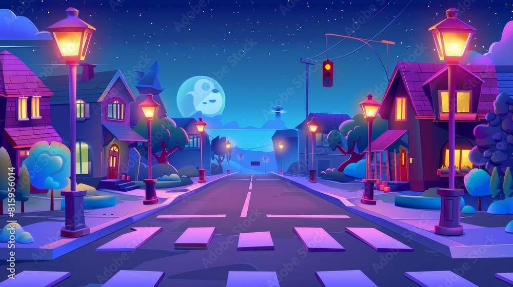 Modern illustration of a night city street with buildings and traffic ...