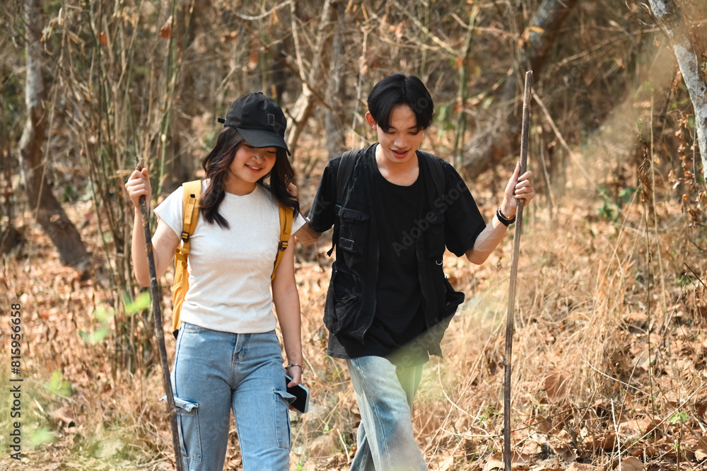 Young Asian LGBT male and transgender couple, walking in the woods ...