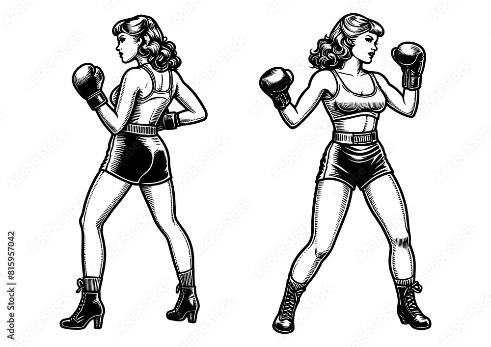 Black and white engraving of a determined retro female boxer in ...