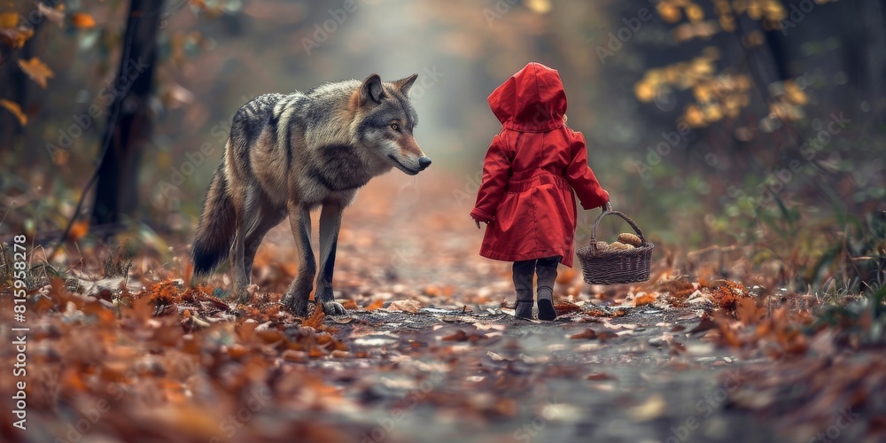 child little red riding hood walking in the forest with the big bad ...