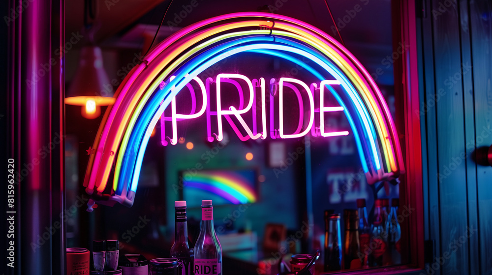 A vivid glowing big neon sign of the word "PRIDE" installed in front of ...