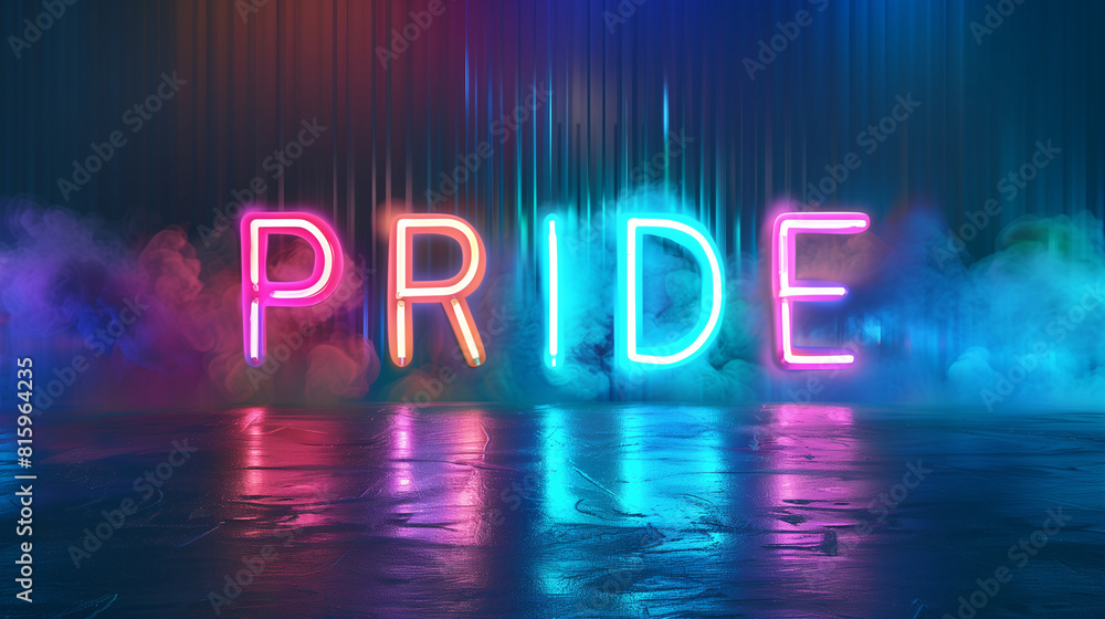 A vivid glowing big neon sign of the word "PRIDE" installed in front of ...