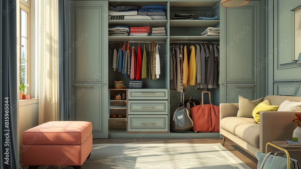 Bedroom closet flat design front view organized theme 3D render ...