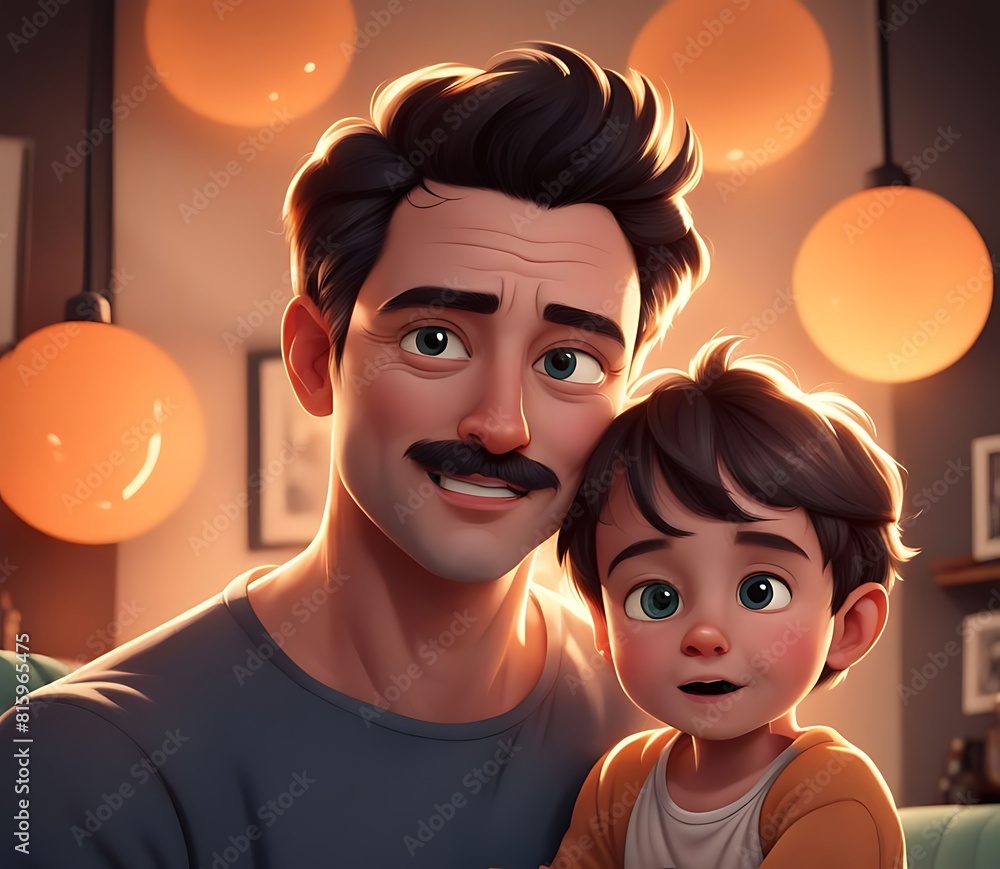 Father's day in modern animation with dad and his child - happy family ...