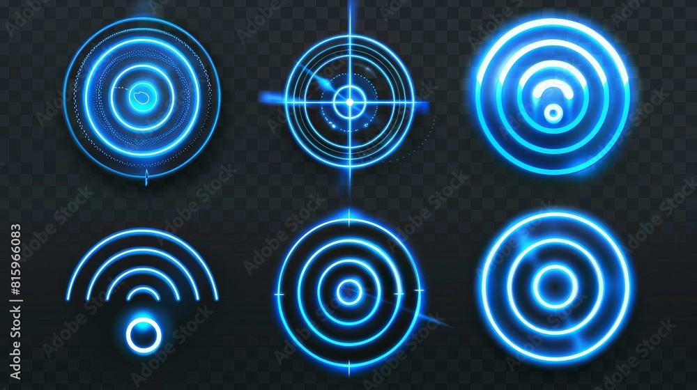 Set of realistic blue radio wave signal symbols isolated on transparent ...