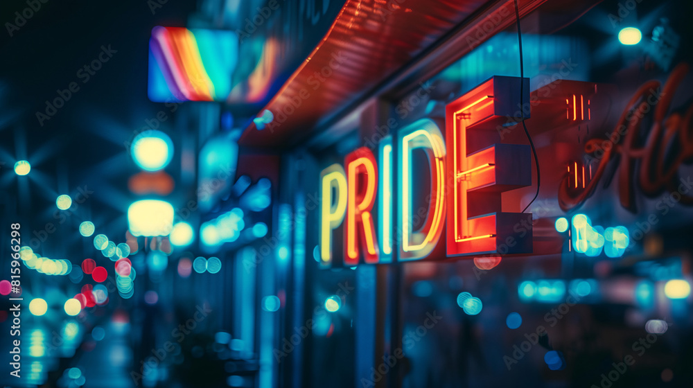 A vivid glowing big neon sign of the word "PRIDE" is installed at a ...