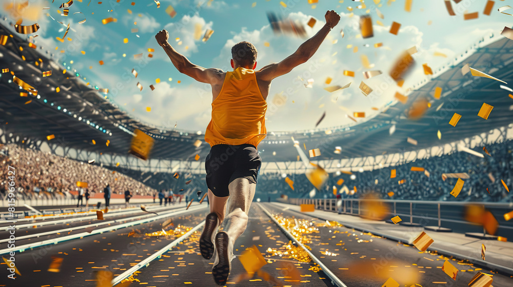 An athlete runs along a treadmill in a stadium, celebrates a victory at ...