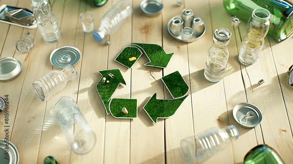 Various recyclable materials arranged on a light wood table with a ...