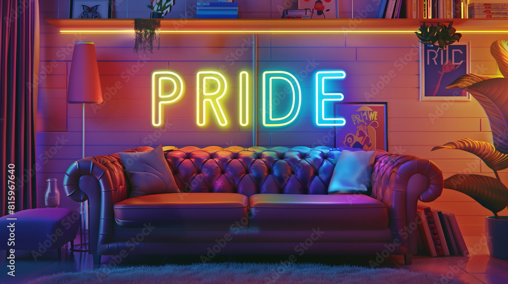 A vivid glowing big neon sign of the word "PRIDE" installed on a wall ...