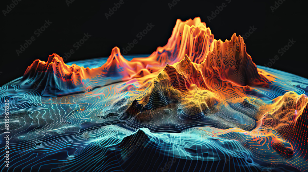 Technical visual illustration, mountain 3D LiDAR GIS aerial map ...