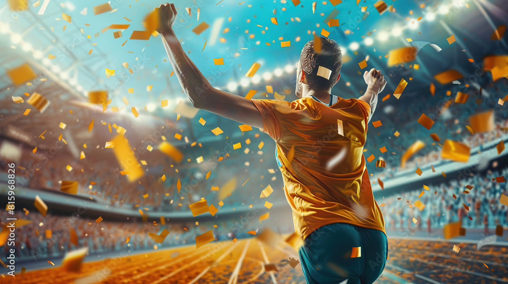 An athlete runs along a treadmill in a stadium, celebrates a victory at ...