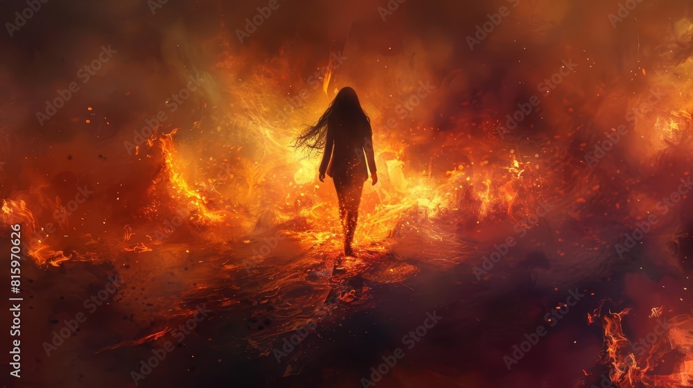 fiery woman walking through flames supernatural concept art Stock ...