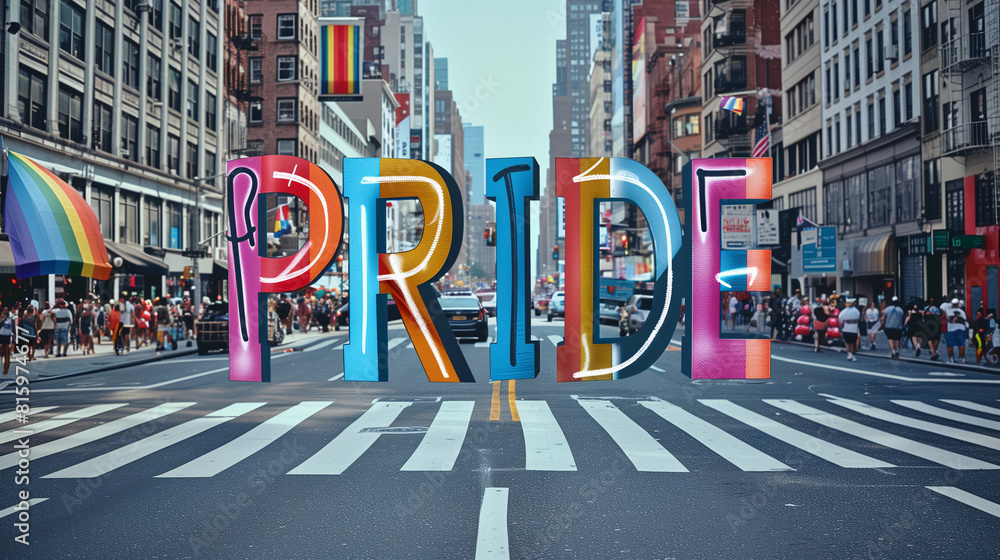 A graffiti of the word "PRIDE" is placed on a crosswalk in a city ...