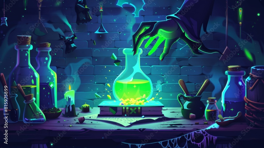 Conjuring spell book and green glowing potion with witch hands. Cartoon ...
