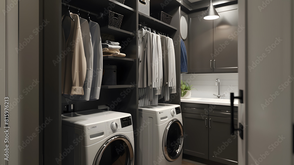 walk in closet and laundry room with staging and stainless appliances ...