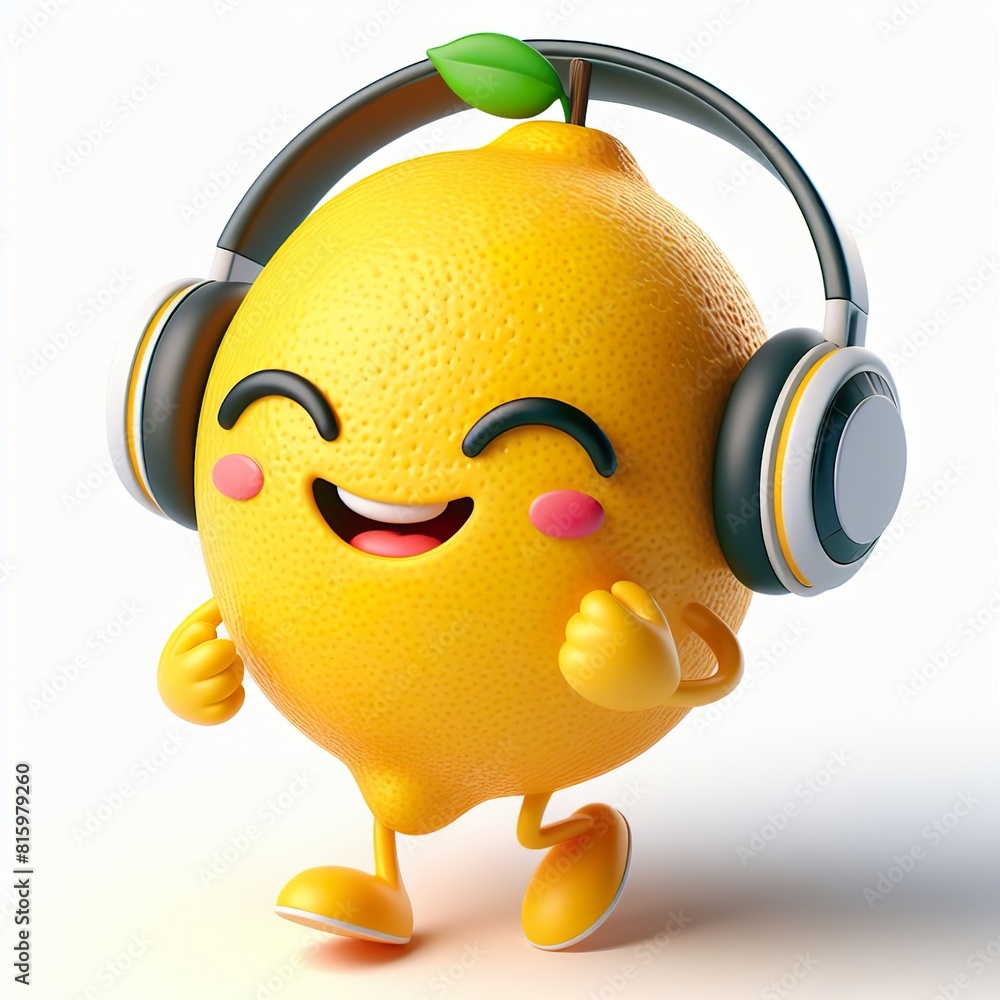 cute 3D funny cartoon Lemon with small wireless headphone on head ...