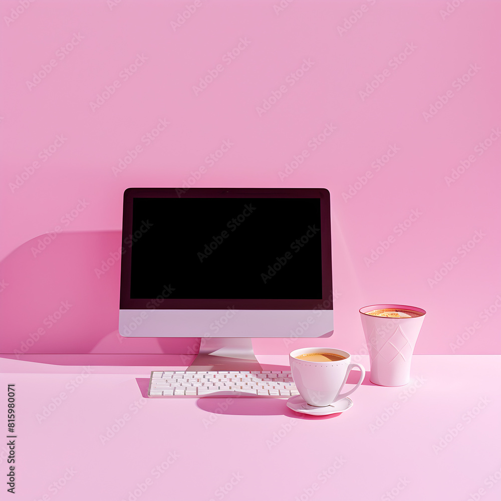 Business aesthetic still life with computer and coffee, pastel pink ...
