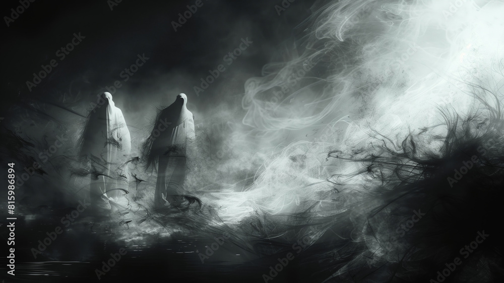Mysterious Foggy Forest with Ghostly Figures in Monochrome, Perfect for ...