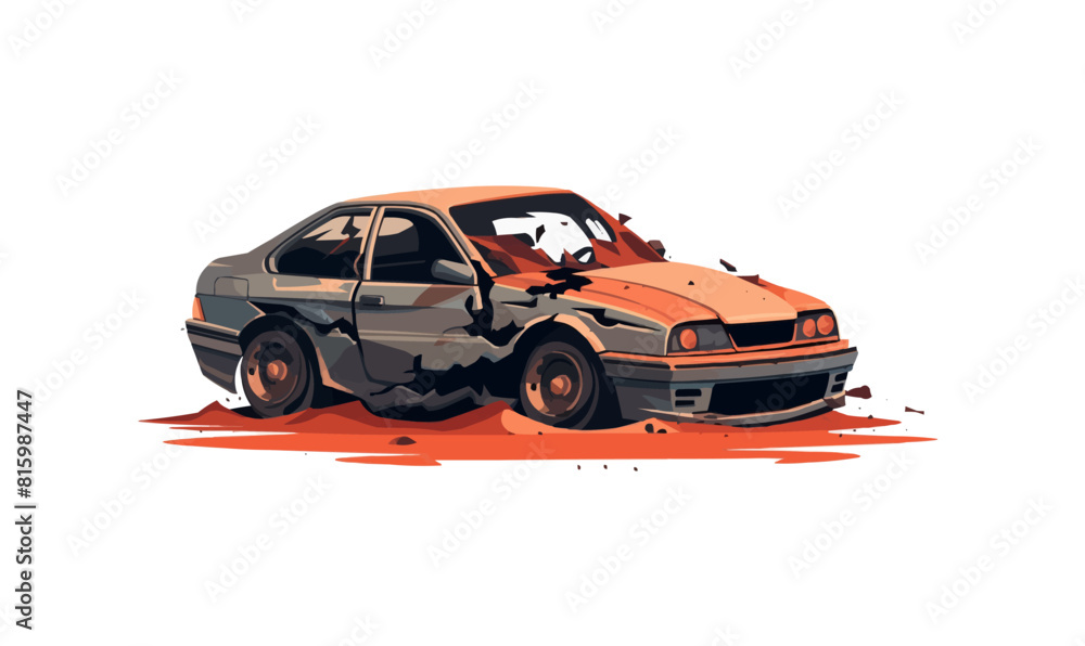 A car is shown in a muddy lot, with its hood up and its windows smashed ...