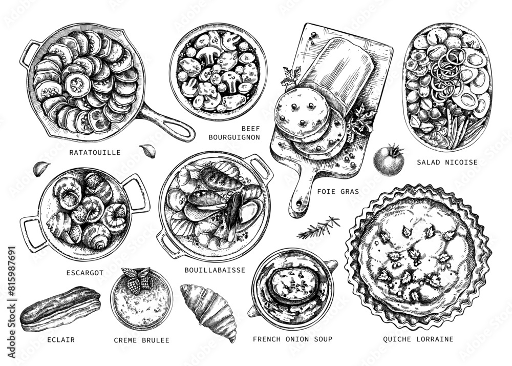 Vetor de French cuisine dishes vintage drawings collection. Traditional ...