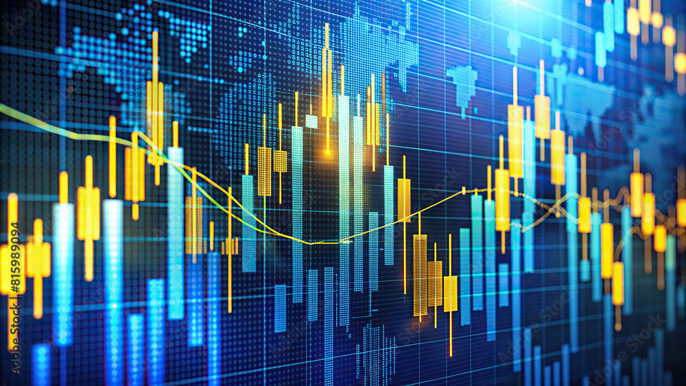 A digital of a stock market chart with intricate candlestick patterns ...