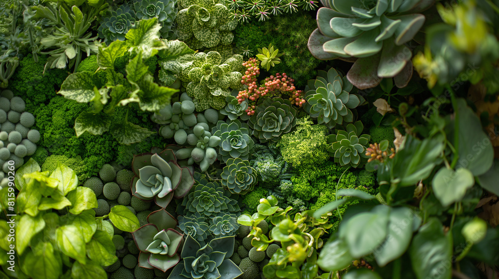 A vertical wall of greenery composed of various types of green plants ...