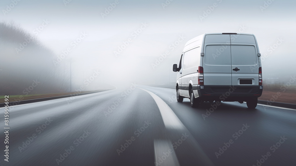 White transport Van back view without brand driving fast on a ...