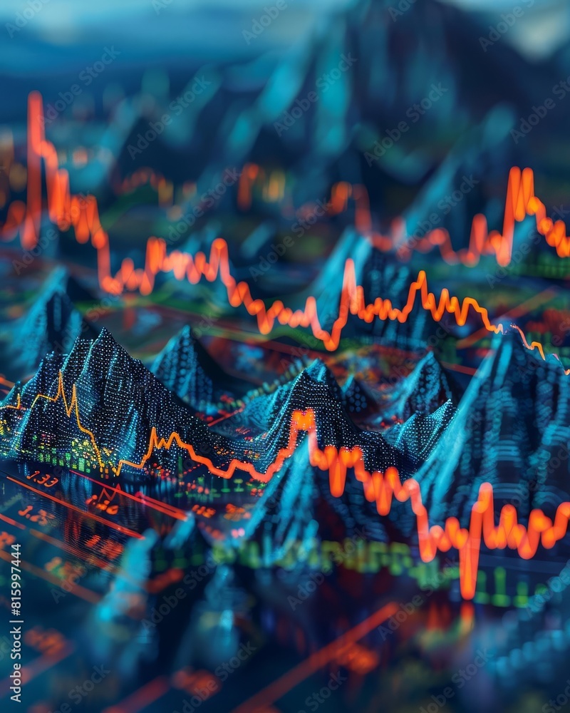 Conceptual image of a stock market chart with mountainous forms ...