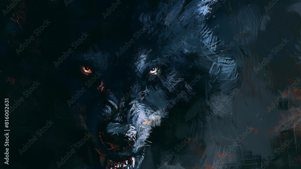 menacing werewolf lurking in shadows with glowing eyes and sharp fangs ...