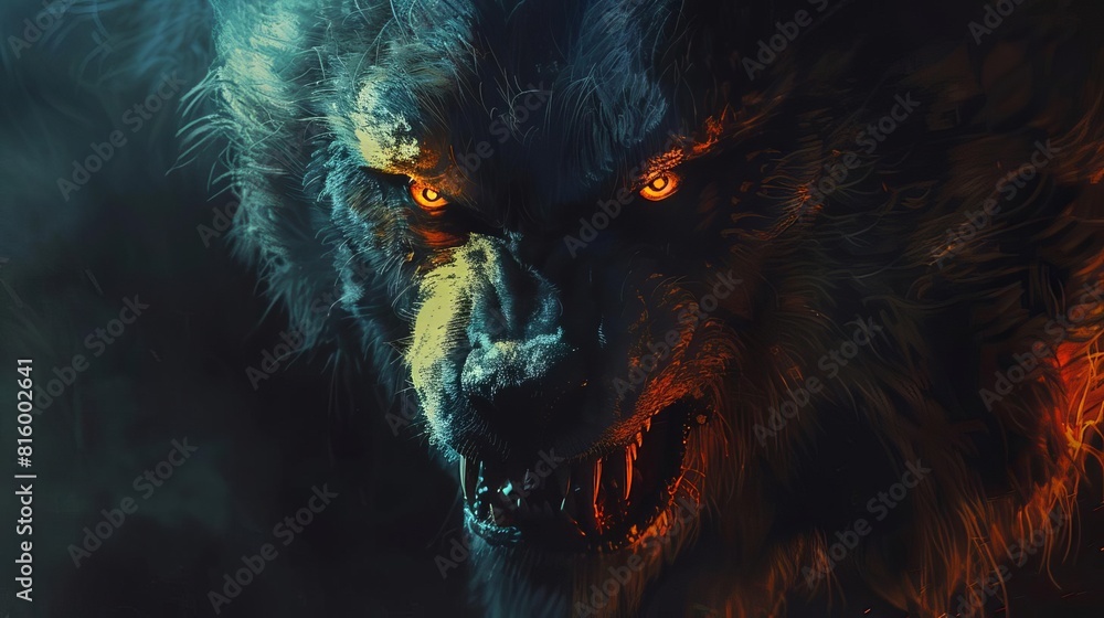 menacing werewolf lurking in shadows with glowing eyes and sharp fangs ...