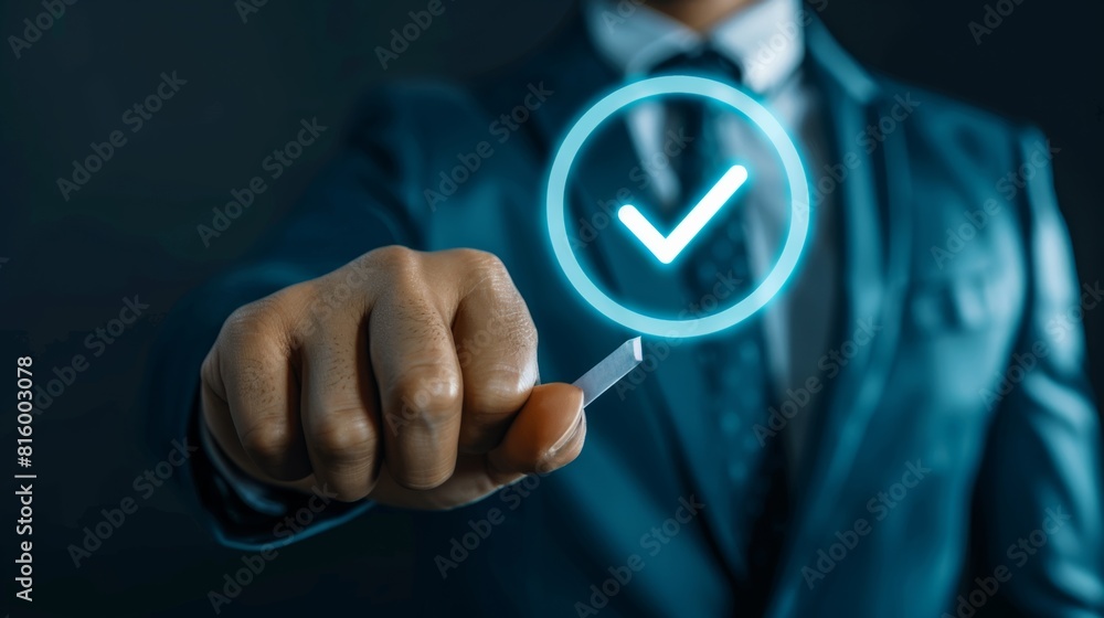 Businessperson pressing virtual button with check mark symbol ...