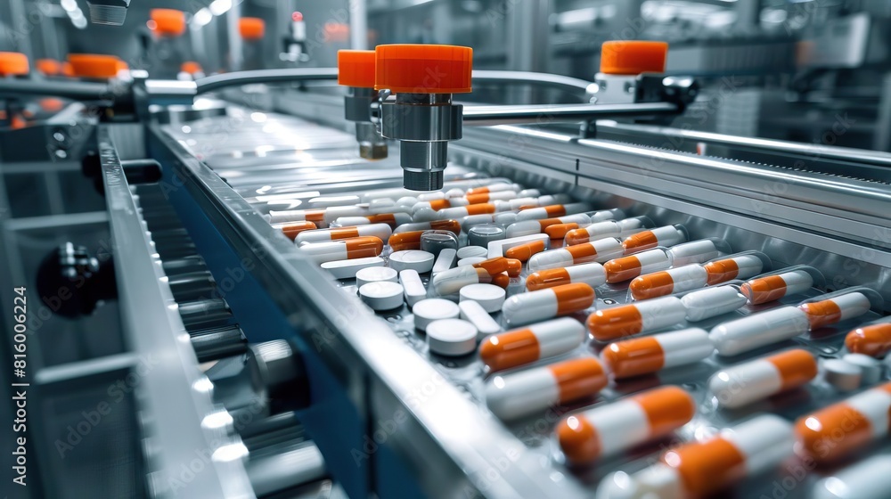 Automation technology in a pharmaceutical lab from top view Automated machines filling and ...