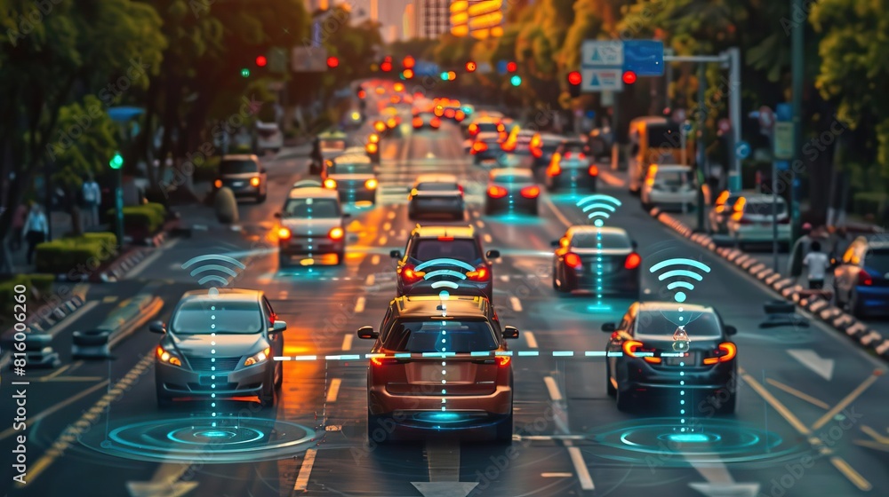 Autonomous vehicles on a smart city street in front view Cars ...