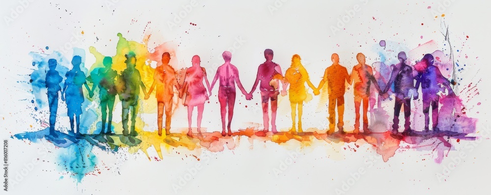 watercolor illustration of diverse people holding hands, rainbow colors ...