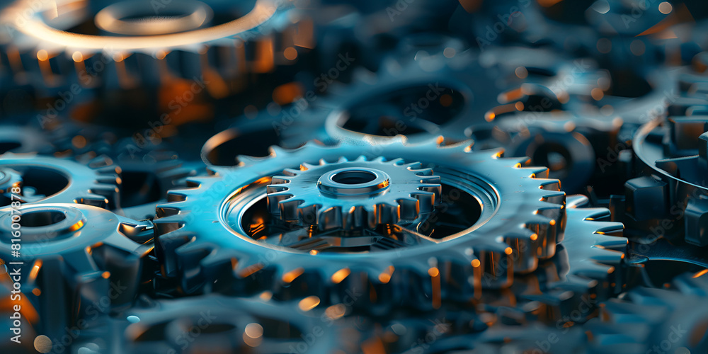 Blue gears are seen on a black background. Cog wheel and gear with ...