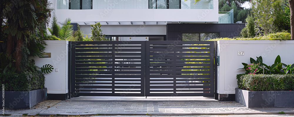 Black wooden gate with horizontal slats on white modern house Stock ...