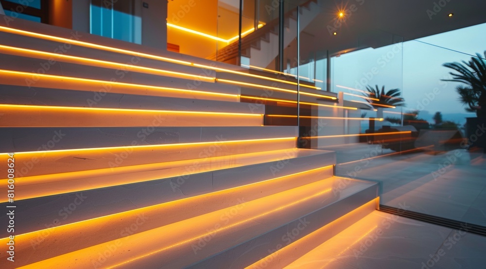 Staircase with LED lights in a modern home interior, showcasing an ...