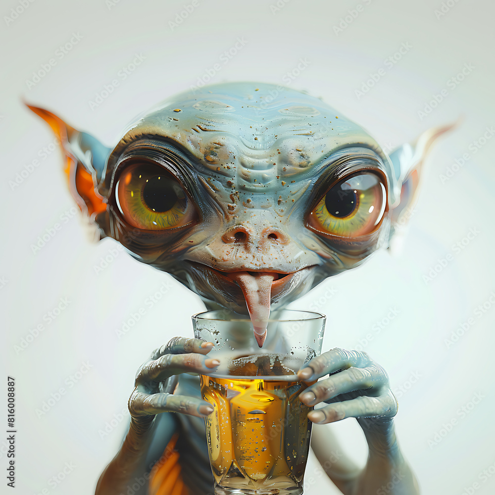 Cute blue cartoon alien with big eyes tastes beer from beer glass with ...