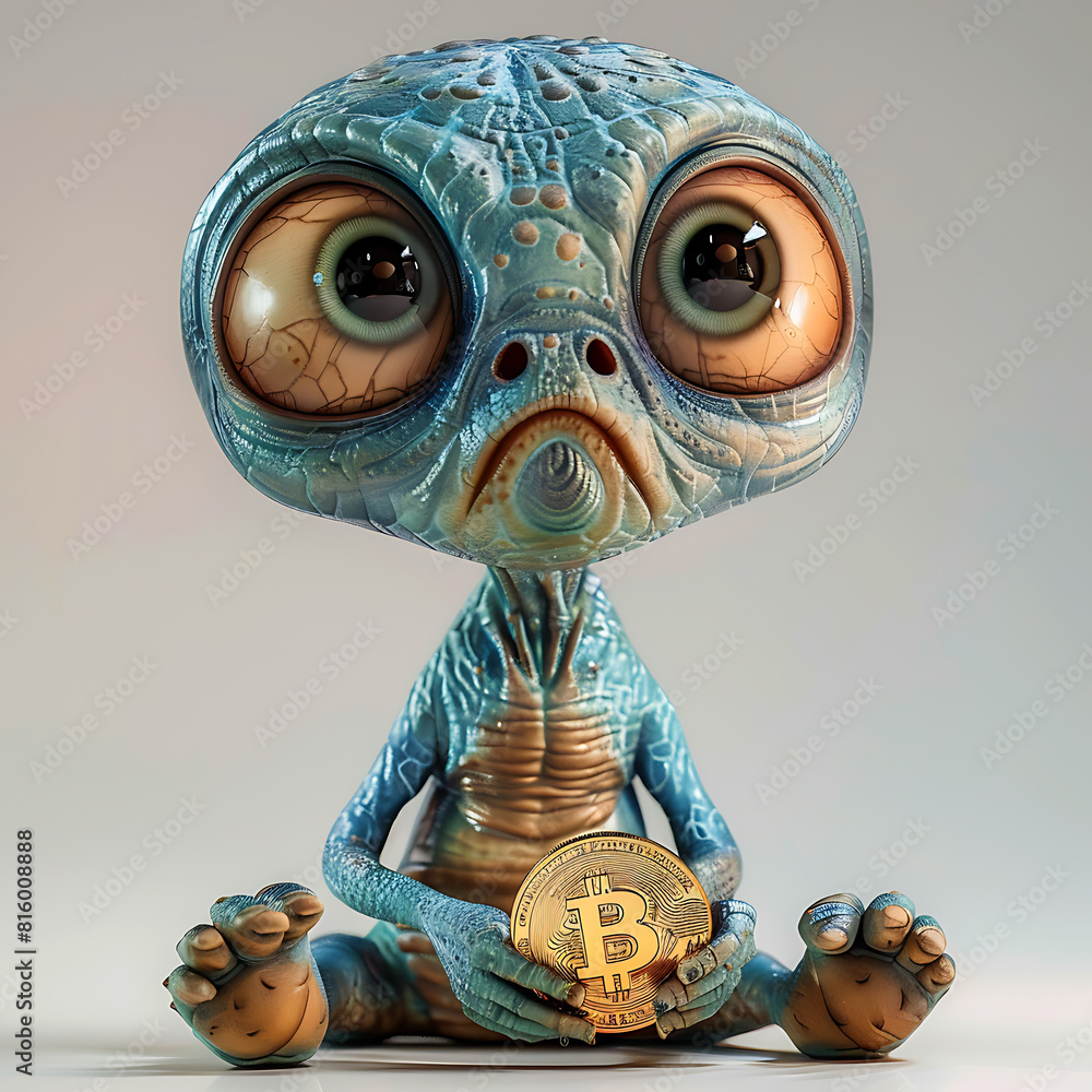 Cute blue cartoon alien with big eyes holds a crypto coin bitcoin and ...