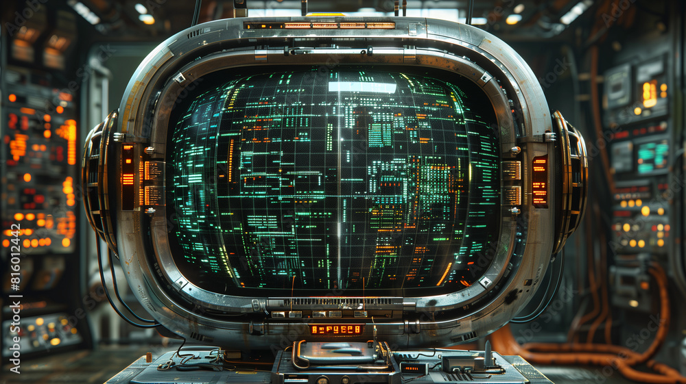 Sci-Fi Retro Futuristic Steel Console Device with Monitor. Usable for ...