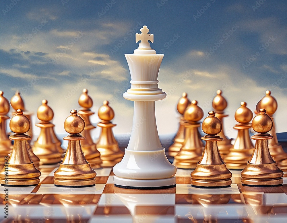 Golden king surrounded with chess pieces on chess board with sky blue ...
