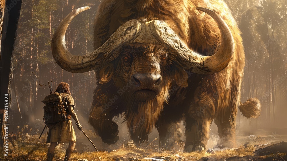 prehistoric neanderthal hunter confronting massive woolly buffalo ...