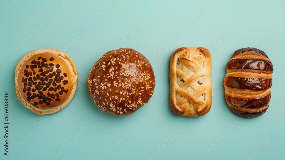 Four different types of bread rolls and pastries arranged in a row on a ...