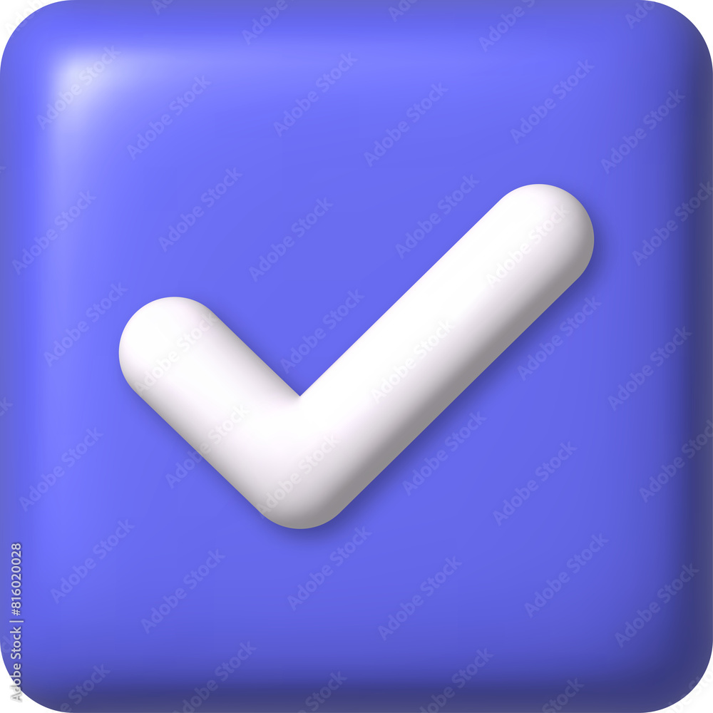 3d infographics icon. Check mark icon on purple square button. PNG ...