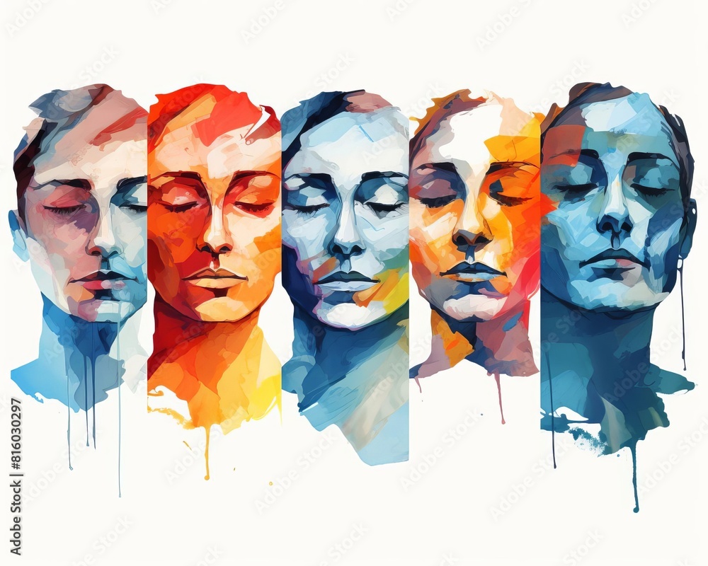 Expressionist faces flat design side view emotional portraits theme water color ...