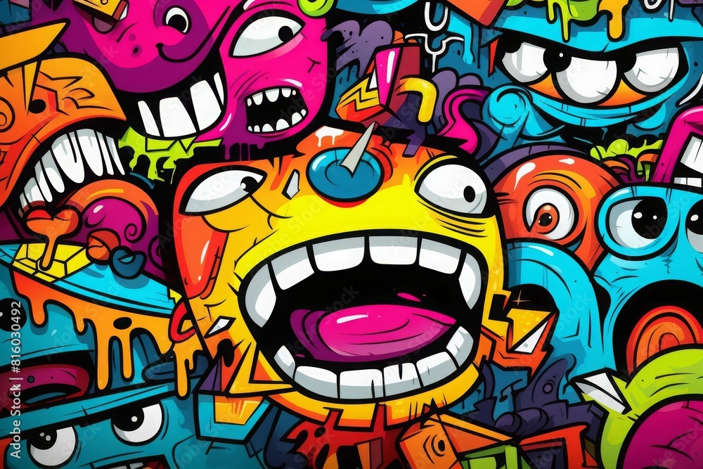 Graffiti wall flat design top view street culture theme cartoon drawing ...