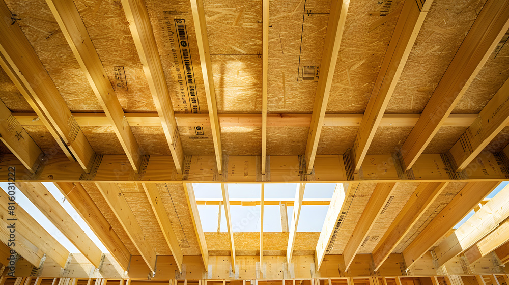 Wood framing interior work in progress with wood walls and ceiling and ...